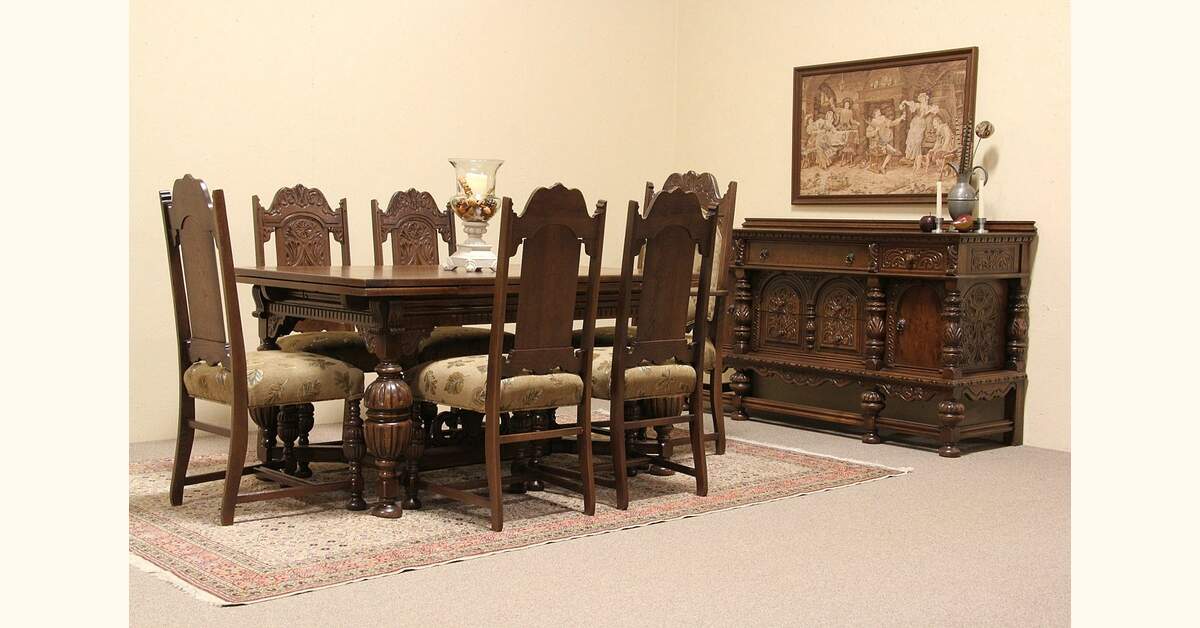 English Tudor Carved Oak Antique Dining Set, Table, 6 Chairs and Sideboard