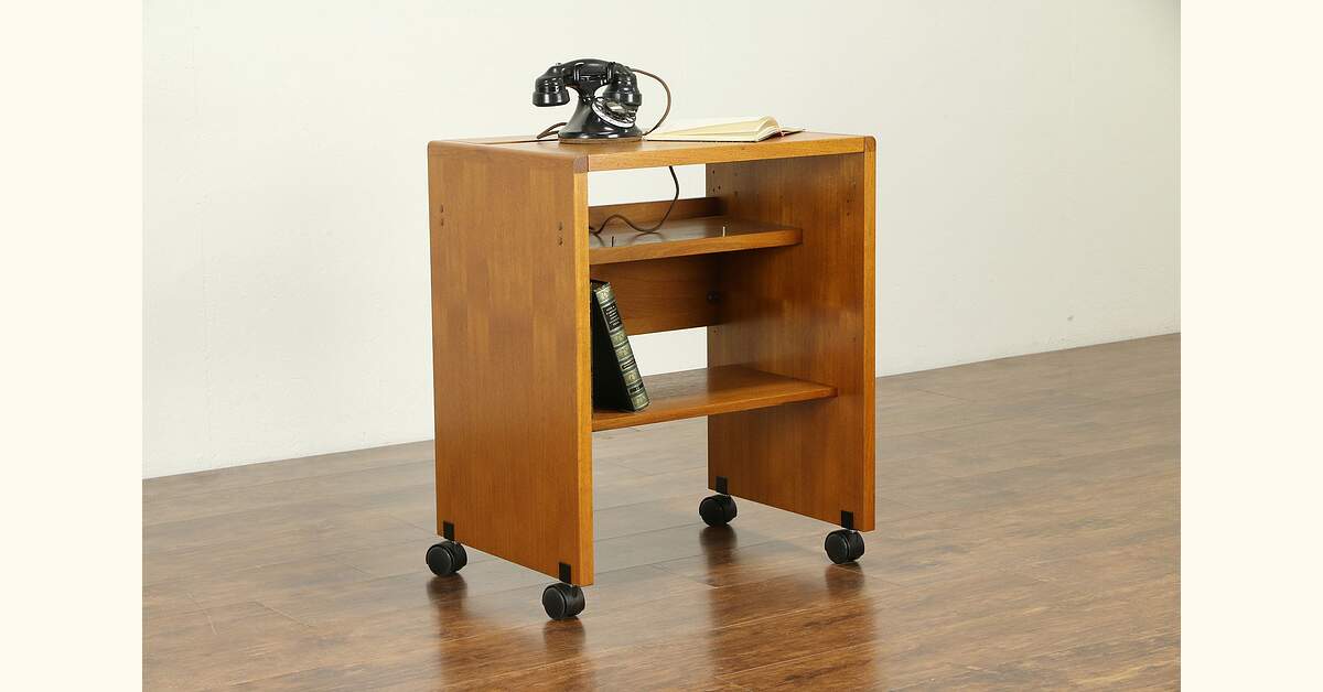 Midcentury Modern Teak Scandinavian Vintage Rolling Cart, Printer Stand