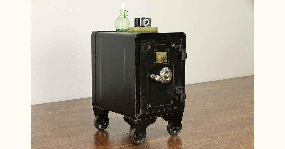 Iron Antique Safe, Chairside Table, Original Painting, Combination Lock