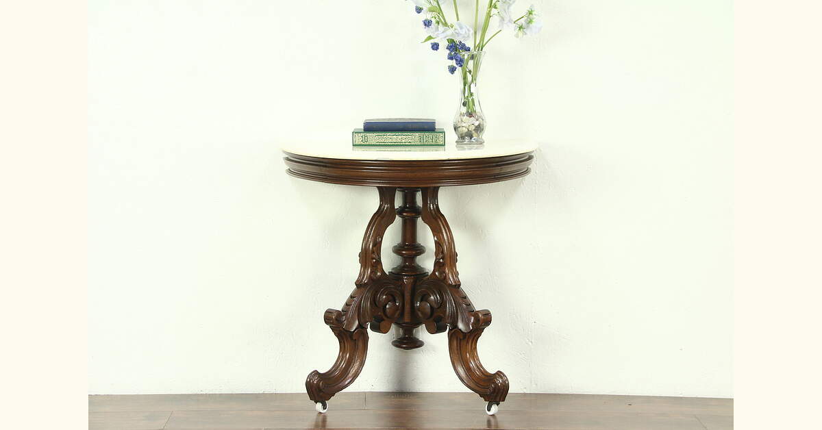 Victorian 1860 Antique Half Round Demilune Hall Console Table, Marble Top