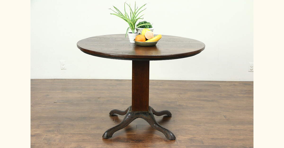 Pub, Tavern, Game Table, Antique Oak & Iron Base, Signed Lange