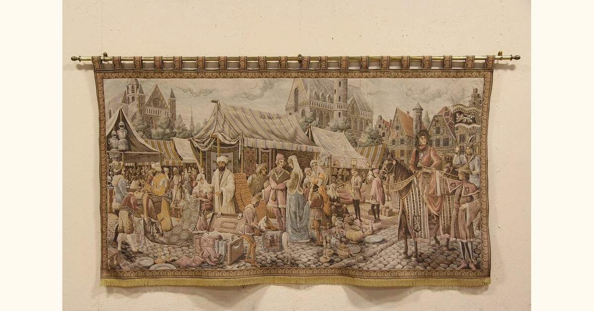 Tapestry, Vintage Wall Hanging Scene on Brass Rod