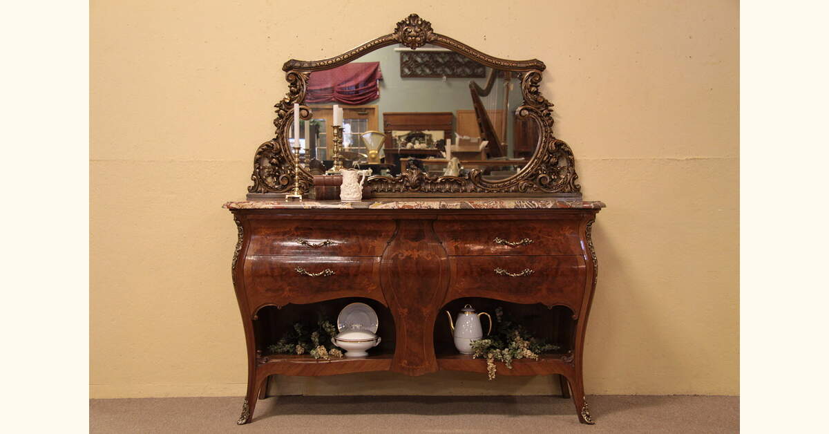 Bombe Marquetry Sideboard, Marble & Mirror