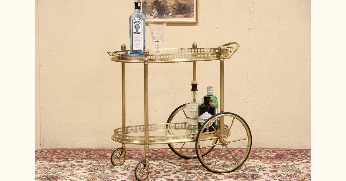 Brass Vintage Oval Tea Cart, Beverage or Dessert Trolley