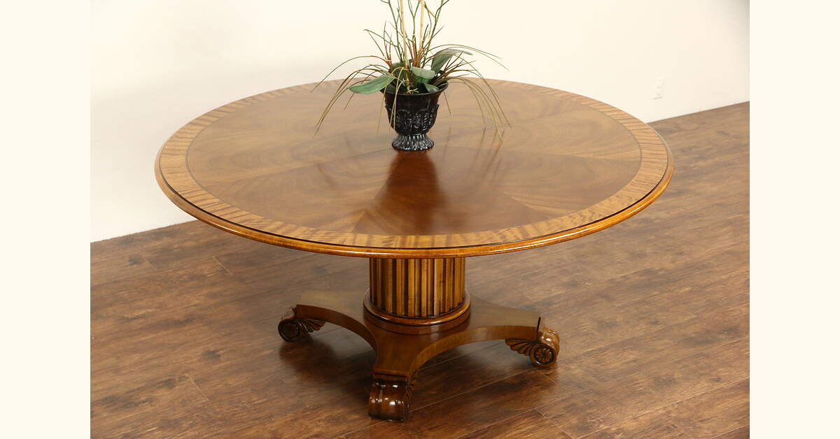 Henredon Round 5' 4" Vintage Banded Table, Sunburst Top, Classical Column
