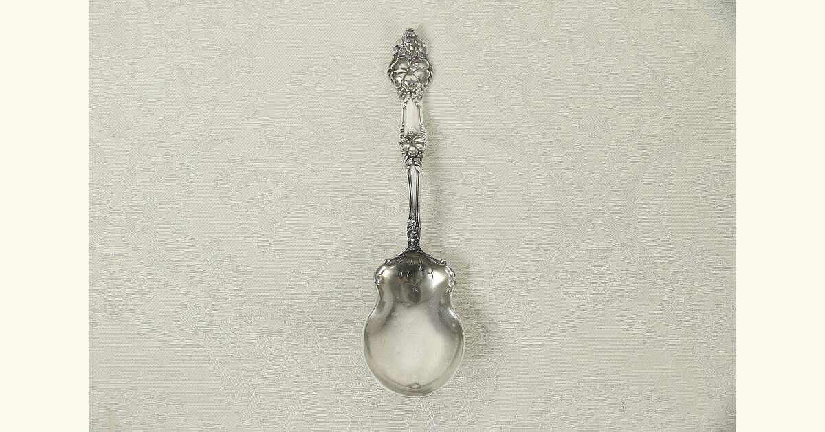 Sterling Silver Antique Shell Shape Sugar Spoon, Flower, Signed M