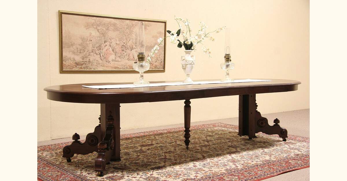 Victorian 1885 Round 4' Walnut Dining Table, Extends 9' 10"