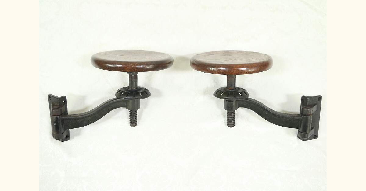 Pair Industrial Salvage Swivel Swing Arm Stools, Bolt On Iron Mounts