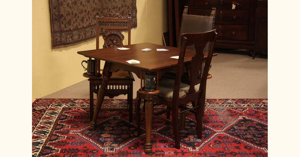 Antique Oak Tavern Game Table, Mug Holders