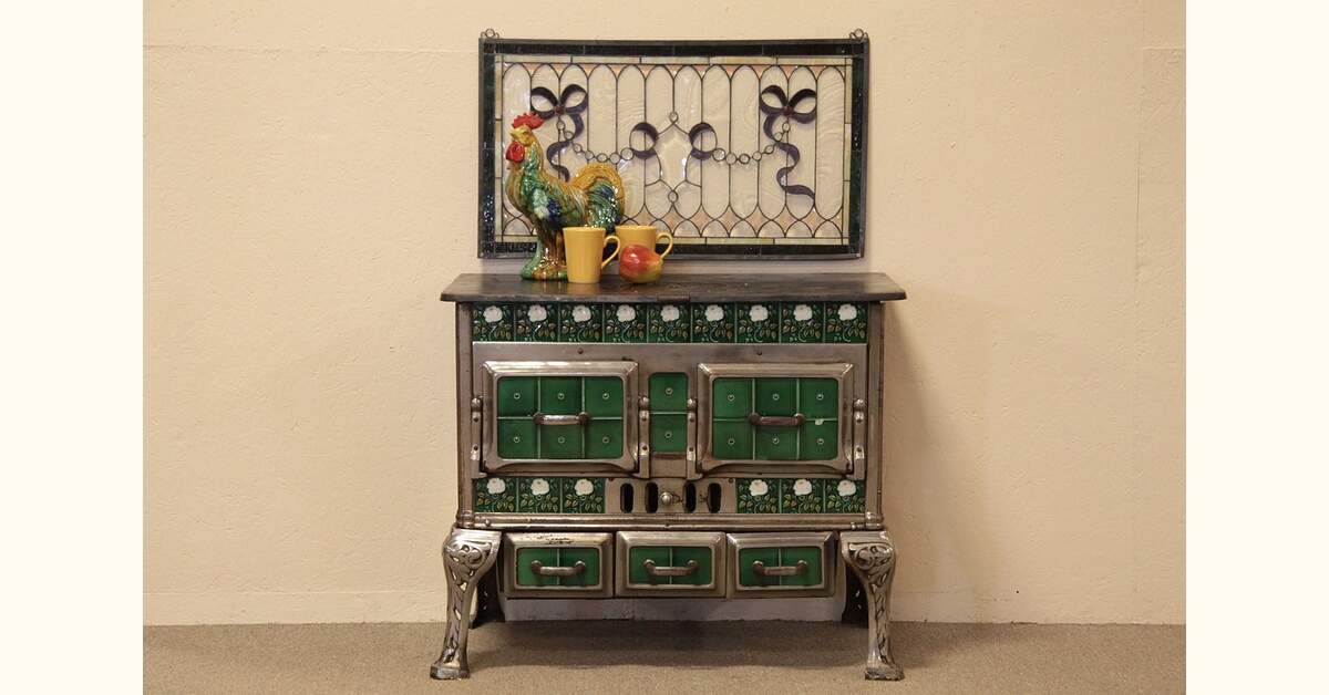 French Antique Iron Stove Kitchen Island, w / Tiles