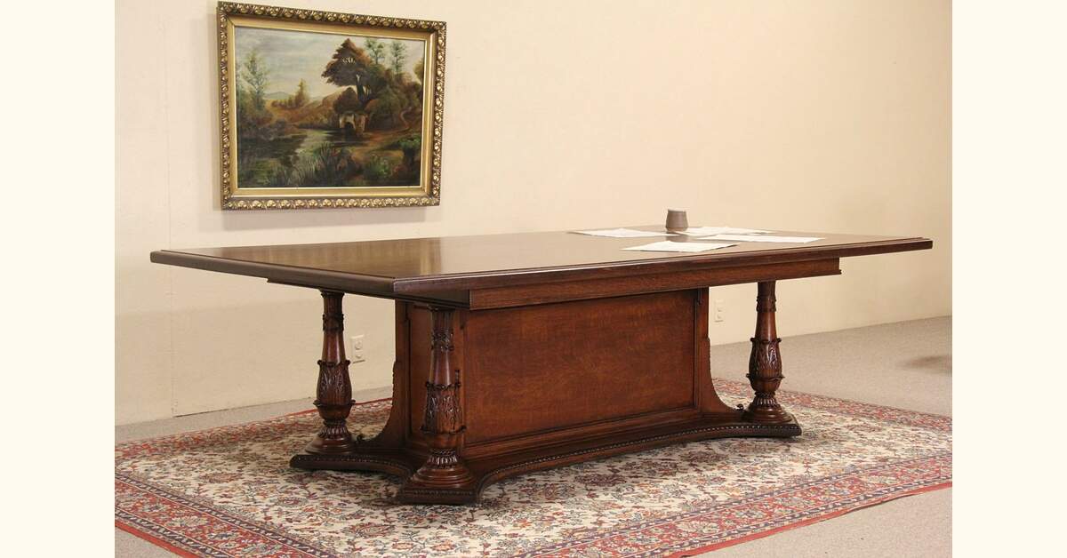 Conference or Library Table, 8' Oak Antique 1900 Writing Desk, Carved ...