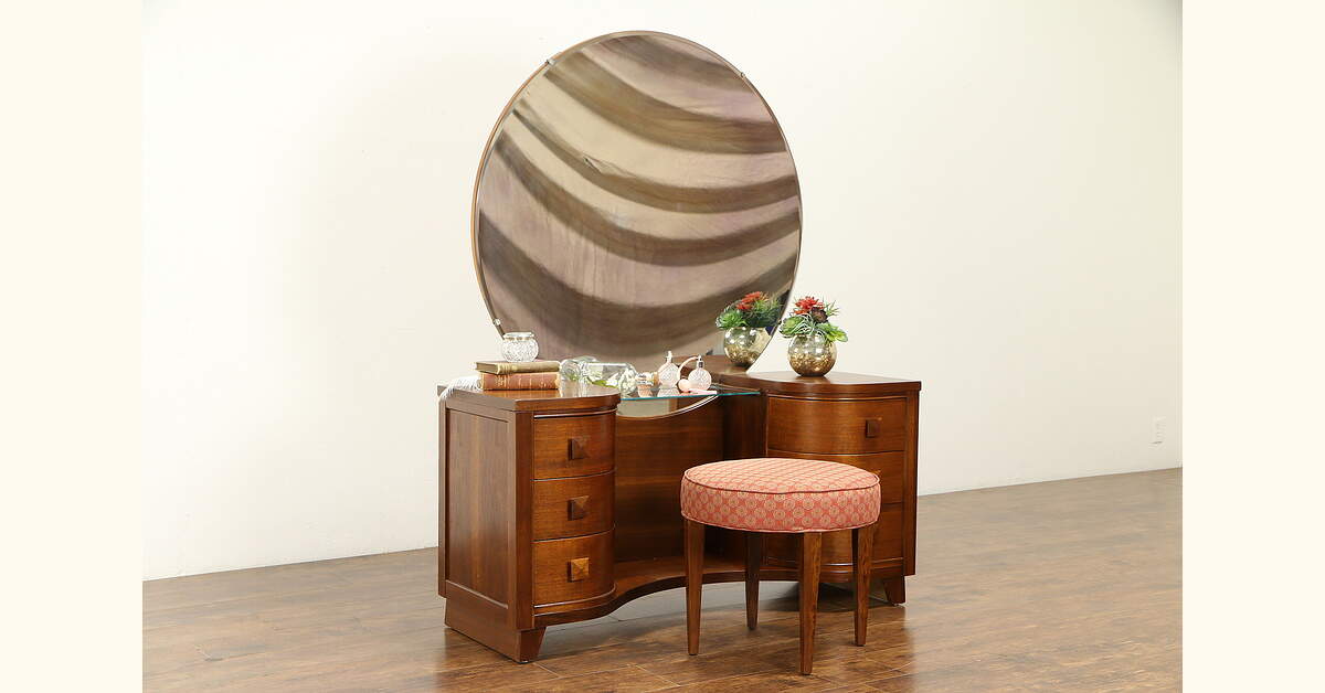 Midcentury Modern 1950's Vintage Walnut Vanity or Dressing Table & Stool