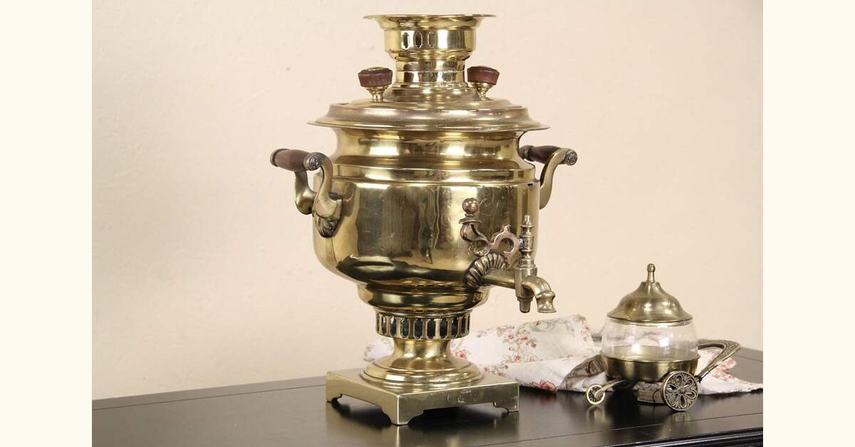 Russian Brass 1900 Antique Samovar, Hot Water Tea Kettle, Imperial Stamps