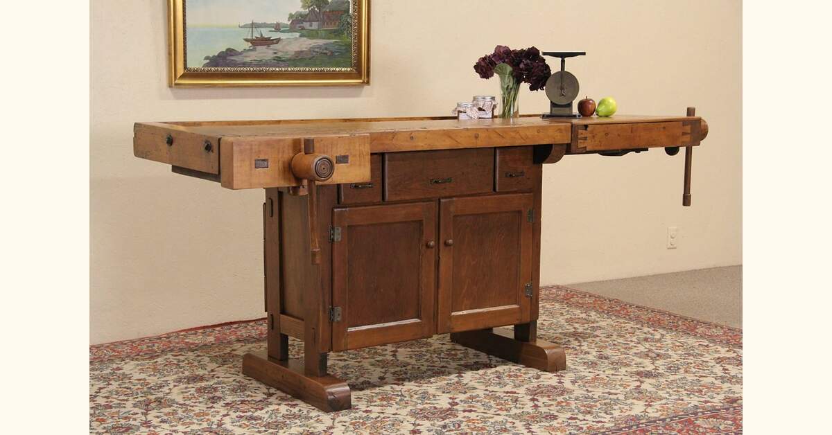 Carpenter 1890 Workbench & Cupboard, Wine Table, Kitchen Island