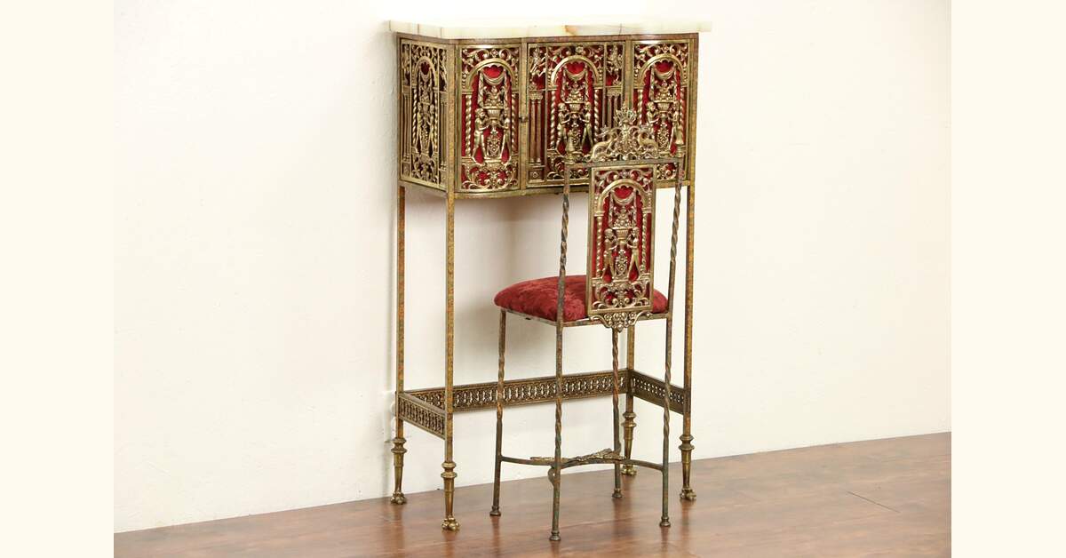 Renaissance Style Brass & Onyx 1915 Antique Telephone Stand & Chair