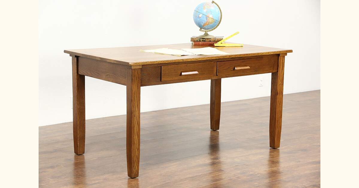 Oak 1915 Antique 5' Craftsman Library Table or Writing Desk, 2 Drawers