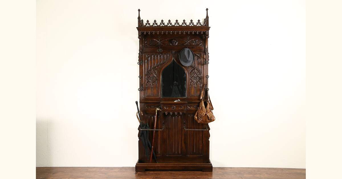 French Gothic 1875 Antique Carved Oak Hall Stand & Mirror, Wrought Iron ...