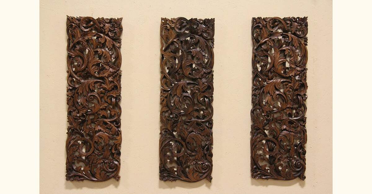 Set of 3 Handcarved Teak Filigree Grillwork Panels, Thailand