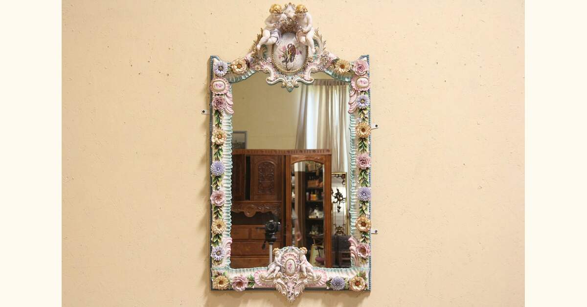 Dresden Porcelain Frame Mirror, Angels, Flowers and Bird