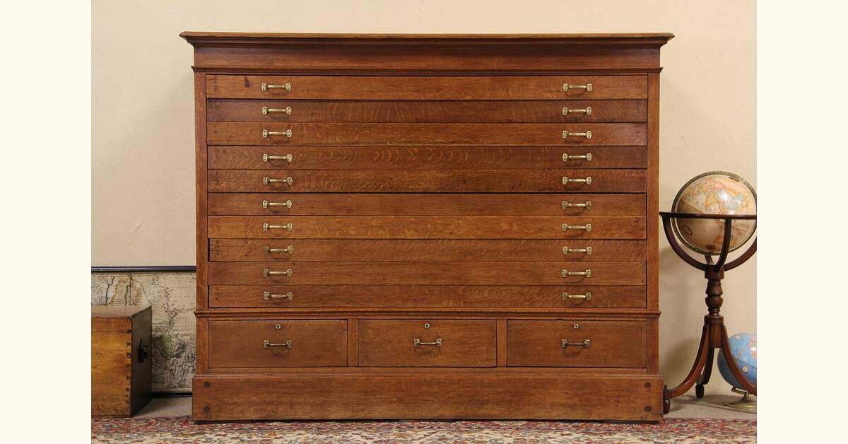 Oak 1900 Antique 13 Drawer Map Chest, Drawing or Document File Cabinet