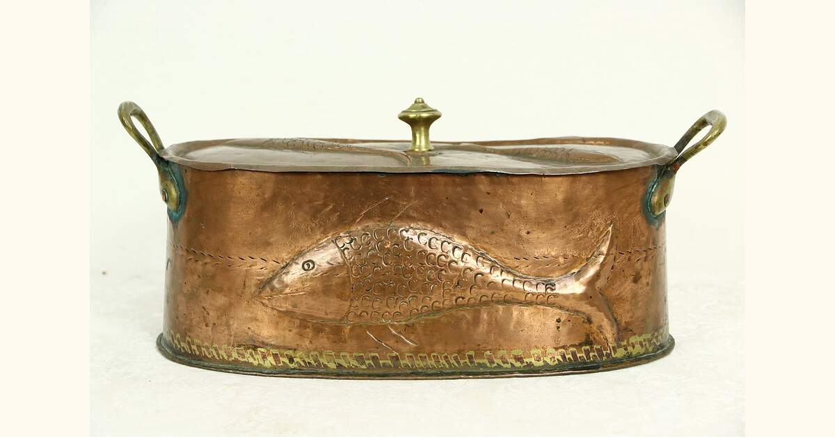 Copper Hand Hammered Antique Fish Poaching Pot, Brass Handles