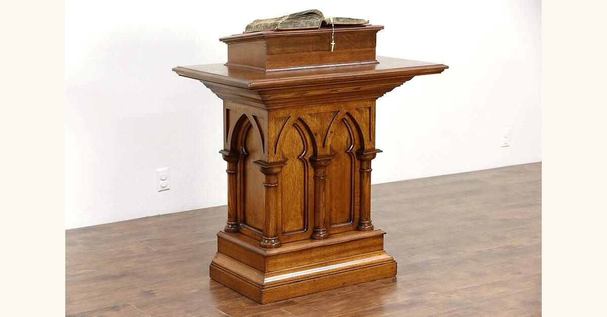 Oak Antique Gothic Carved Wall Bible Stand, Reverses to Lectern or Podium
