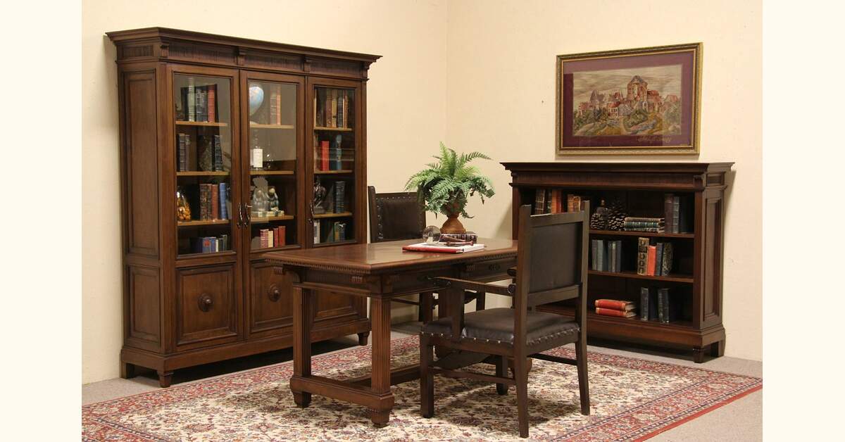 Italian 1910 Carved 5 Pc. Library Set, Bookcases, Desk, 2 Chairs