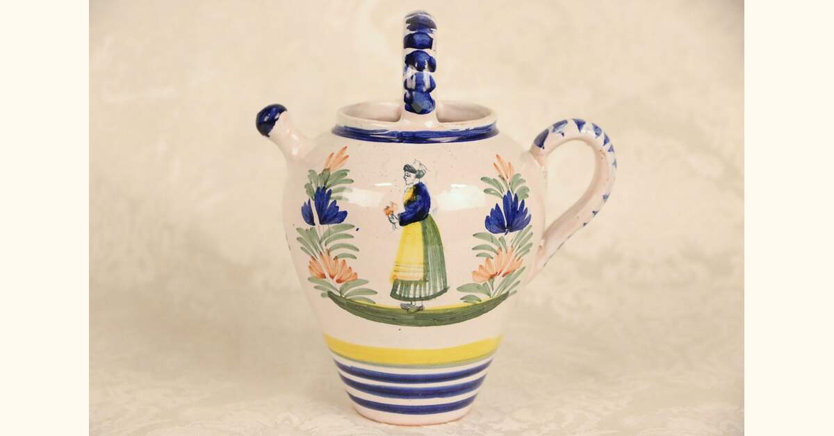 Henriot Quimper Signed Pitcher with 2 Handles, Hand Painted in France