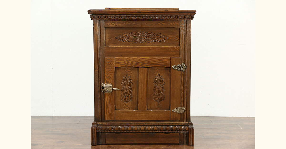 Victorian 1880 Antique Oak Press Carved Pantry Ice Box Signed Gurney ...