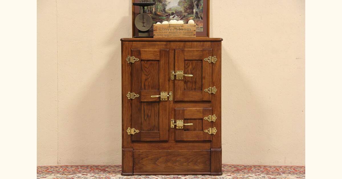Oak 3 Door 1900 Antique Icebox, Brass Hardware
