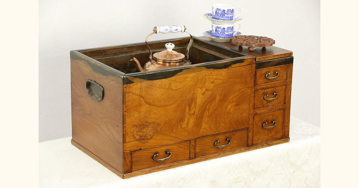 Japanese 1900's Antique Ash & Elm Hibachi Brazier, Copper Lined, Coffee ...