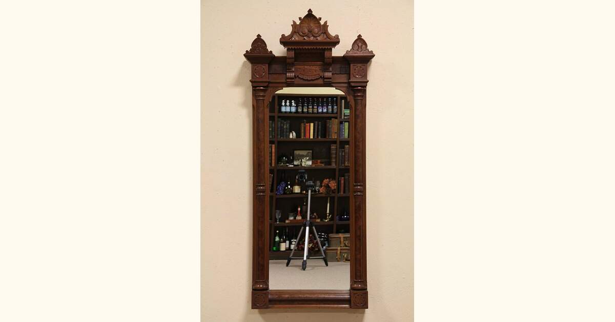 Victorian Carved Walnut 1880 Antique Hall Mirror