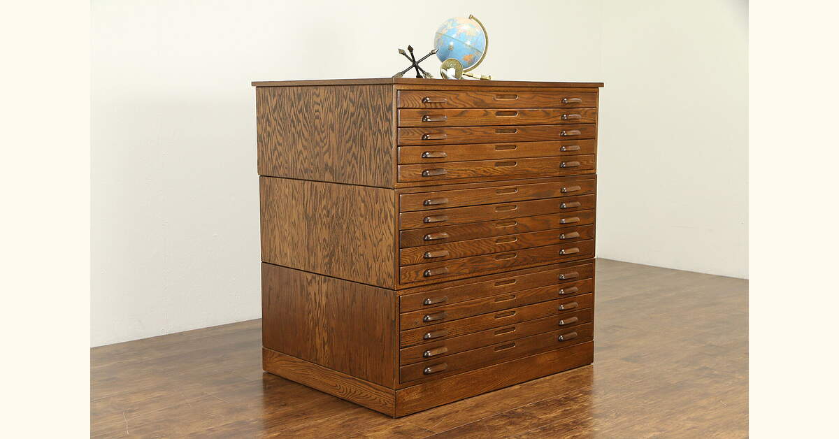 Oak 15 Drawer Vintage Stacking Map Chest Drawing or Document File Cabinet