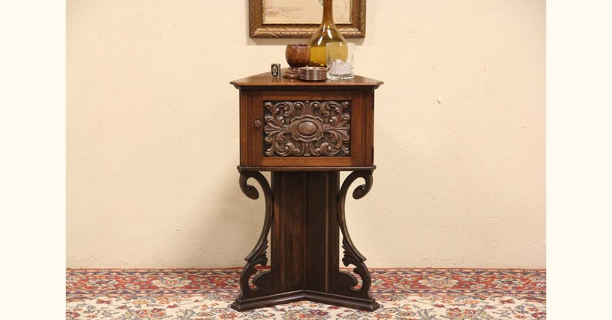 Triangular 1920 Chairside Table, Humidor or Smoking Stand