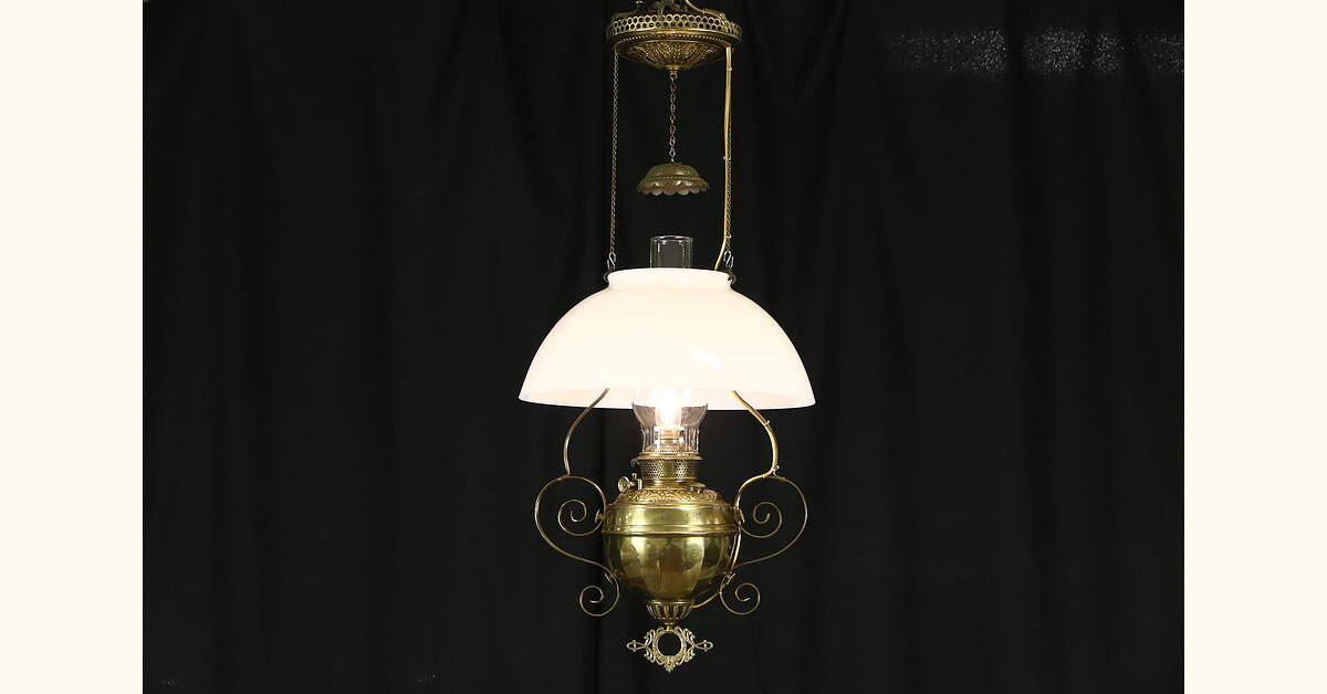 Victorian 1880 Antique Brass Hanging Lamp or Chandelier, Electrified