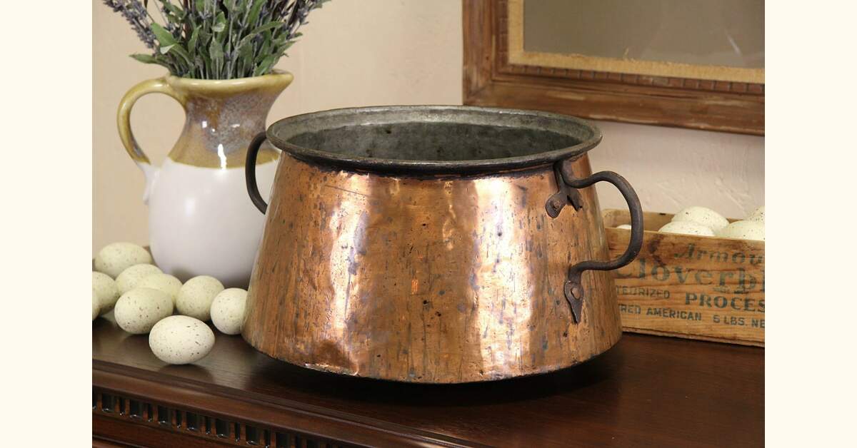 Turkish Copper 1900 Antique Cooking Pot, Wrought Iron Handles