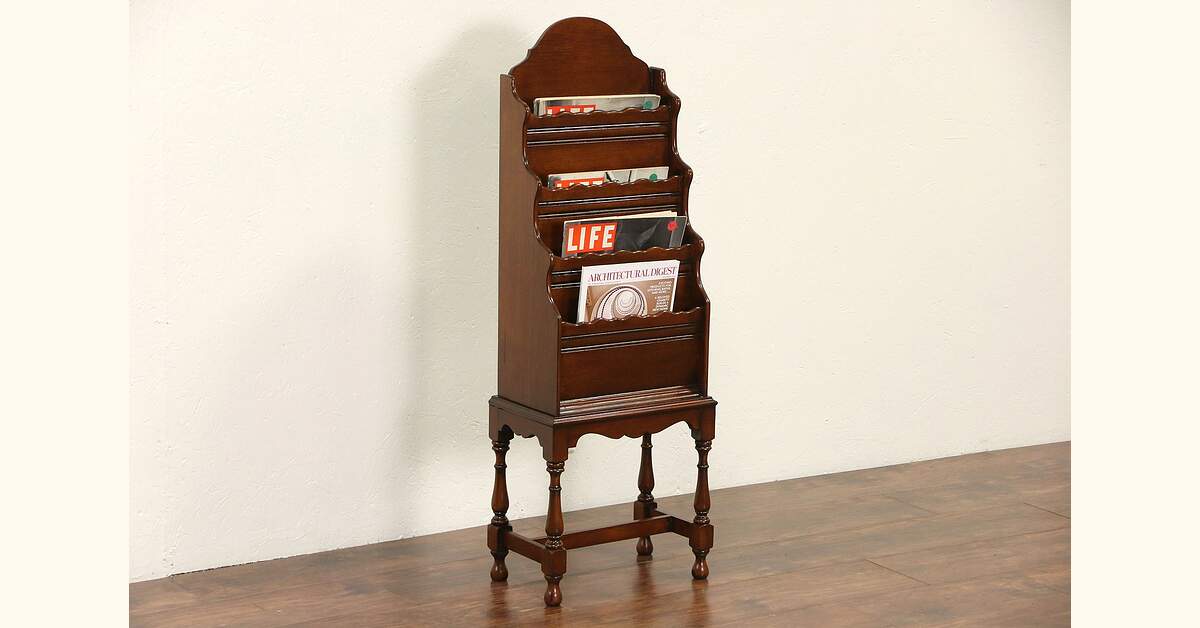 English Tudor Walnut 1915 Antique Magazine Rack