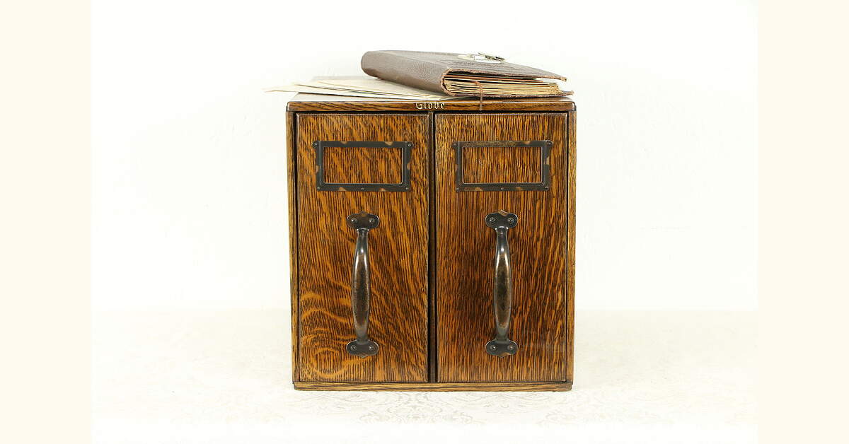 Globe Signed 2 Door Oak Antique Desktop Box File Cabinet