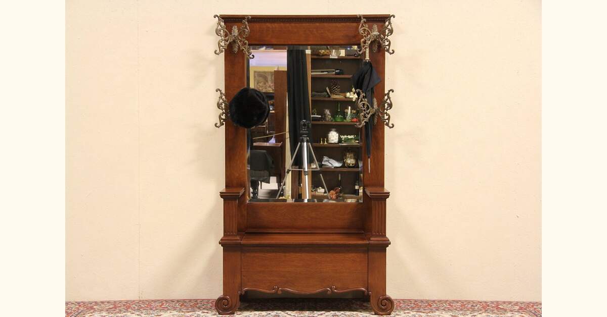 Victorian Antique 1900 Oak Hall Stand with Bench, Mirror & Hooks