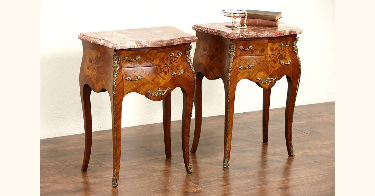 Pair of Marble & Rosewood Marquetry Small Chests, End Tables or Nightstands