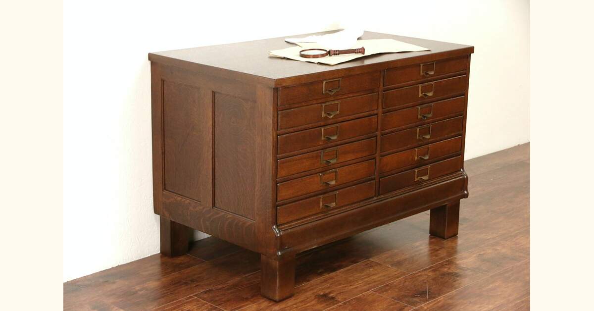 Oak 1915 Antique Map Chest, 12 Drawer Document or Art Drawing File