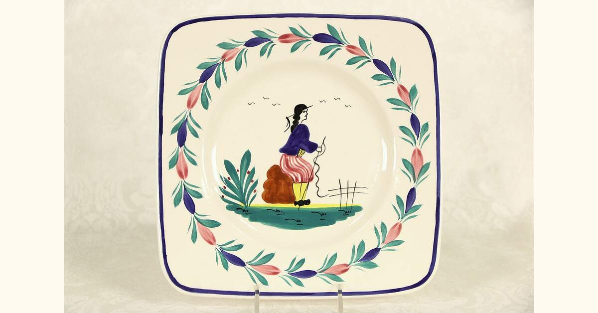 Quimper Square Wall Plate, Hand Painted & Signed, Brittany, France