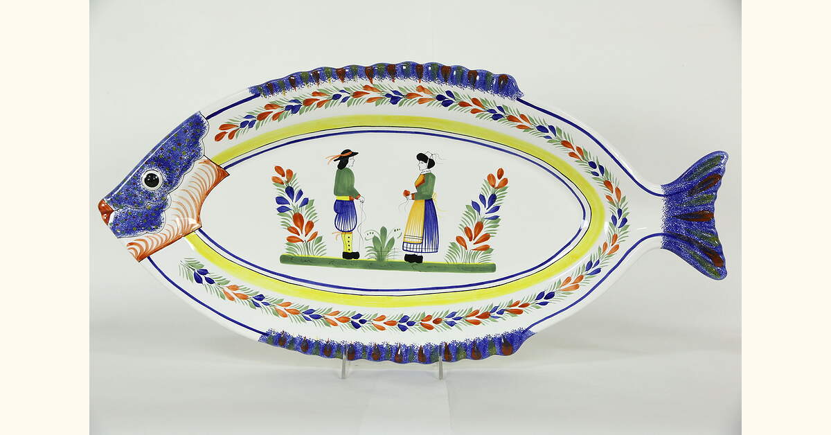 Quimper Signed 24" x 11 1/2" Hand Painted Fish Platter, Brittany, France