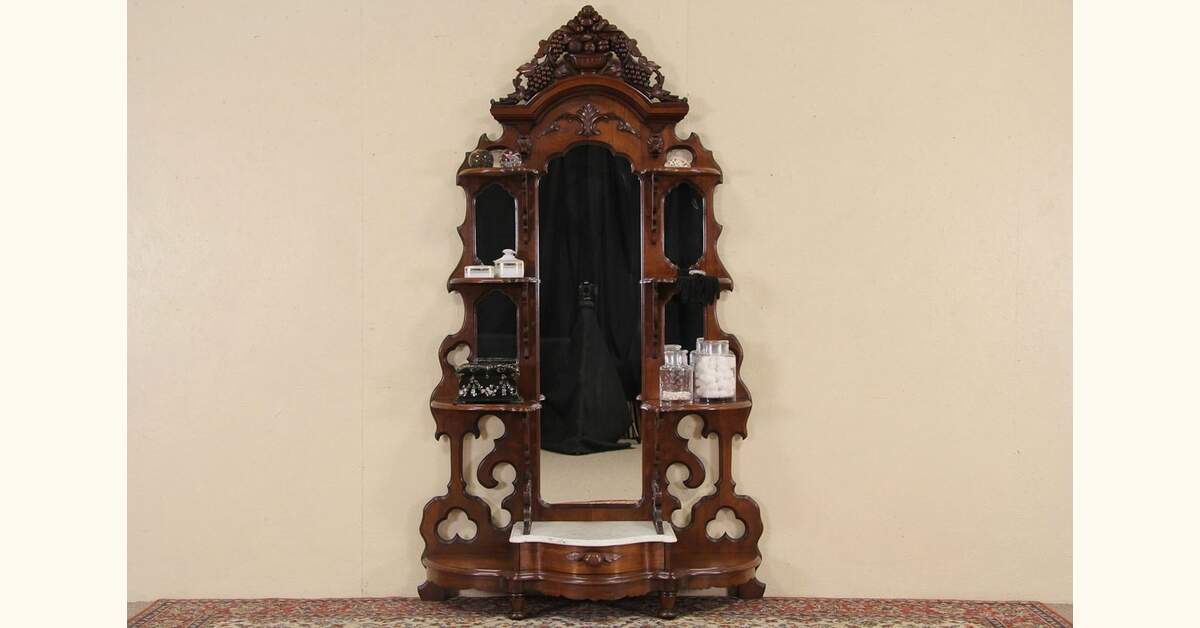 Victorian 1860's Etagere Curio Display, Marble & Carved Grape Crest