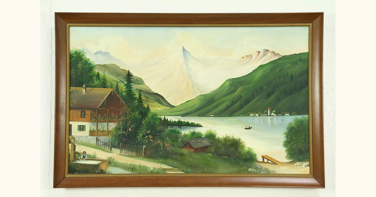 Bavarian Alps Scene with Chalet, Vintage Original Oil Painting