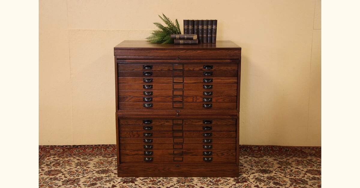 Oak 14 Drawer Antique Map Chest or Drawing File