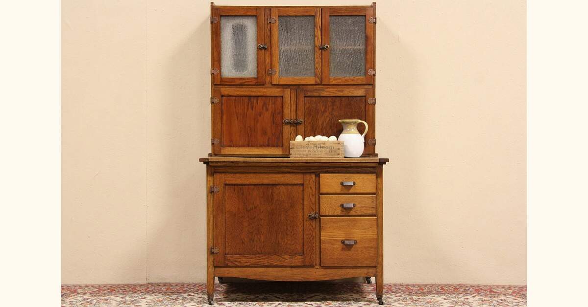 Oak Antique 1915 Hoosier Kitchen Cabinet, Original Ice Glass Doors