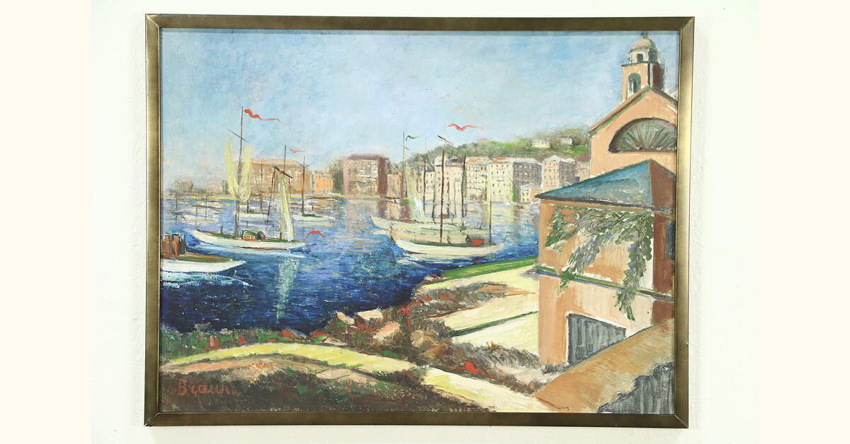 French Harbor Scene with Sailboats, Original Oil Painting Signed Braun
