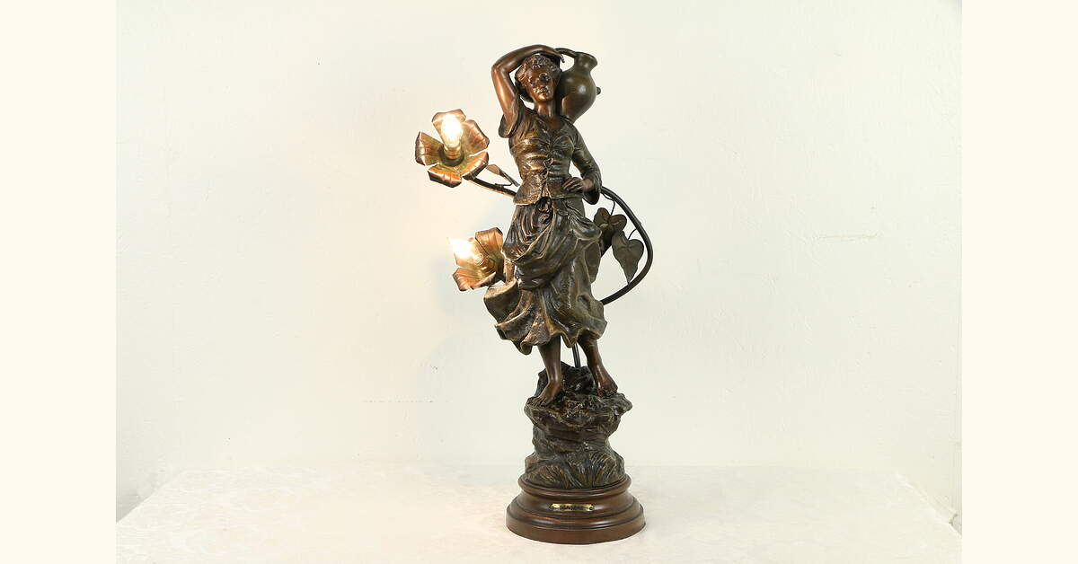 Bergere Shepherdess Antique Sculpture Newel Post Lamp, Signed Mestais
