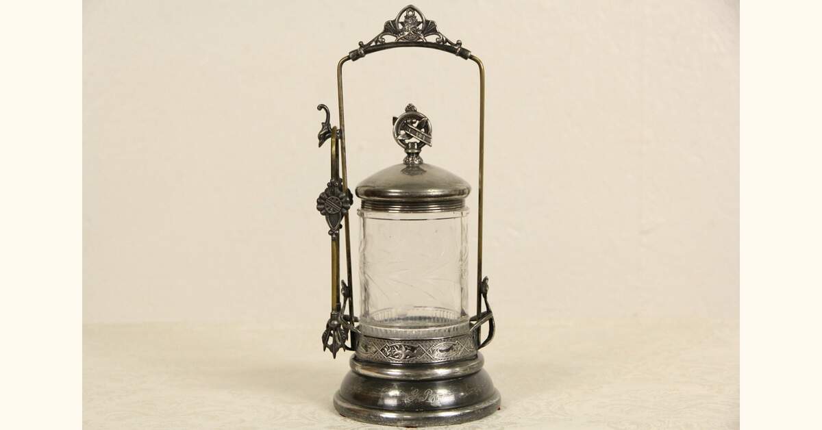 Globe Signed 1880's Antique Pickle Castor Set, Jar & Tongs